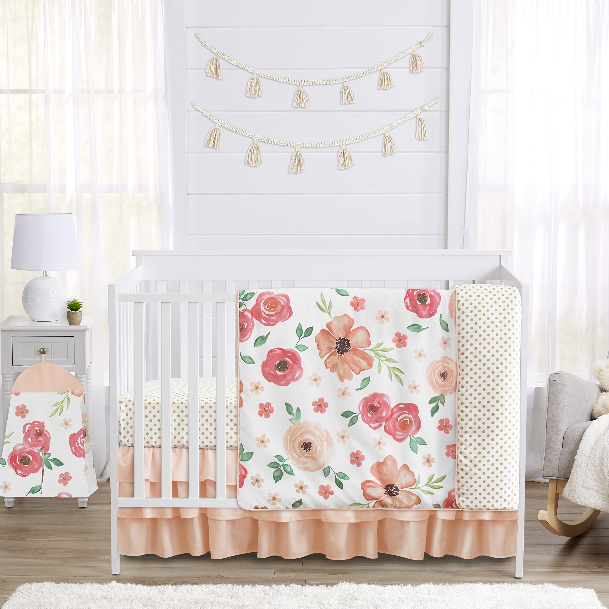 Sweet Jojo Designs Peach and Green Shabby Chic Watercolor Floral Baby Girl Crib Bedding Set - 4 pieces - Pink Rose Flower Polka Dot