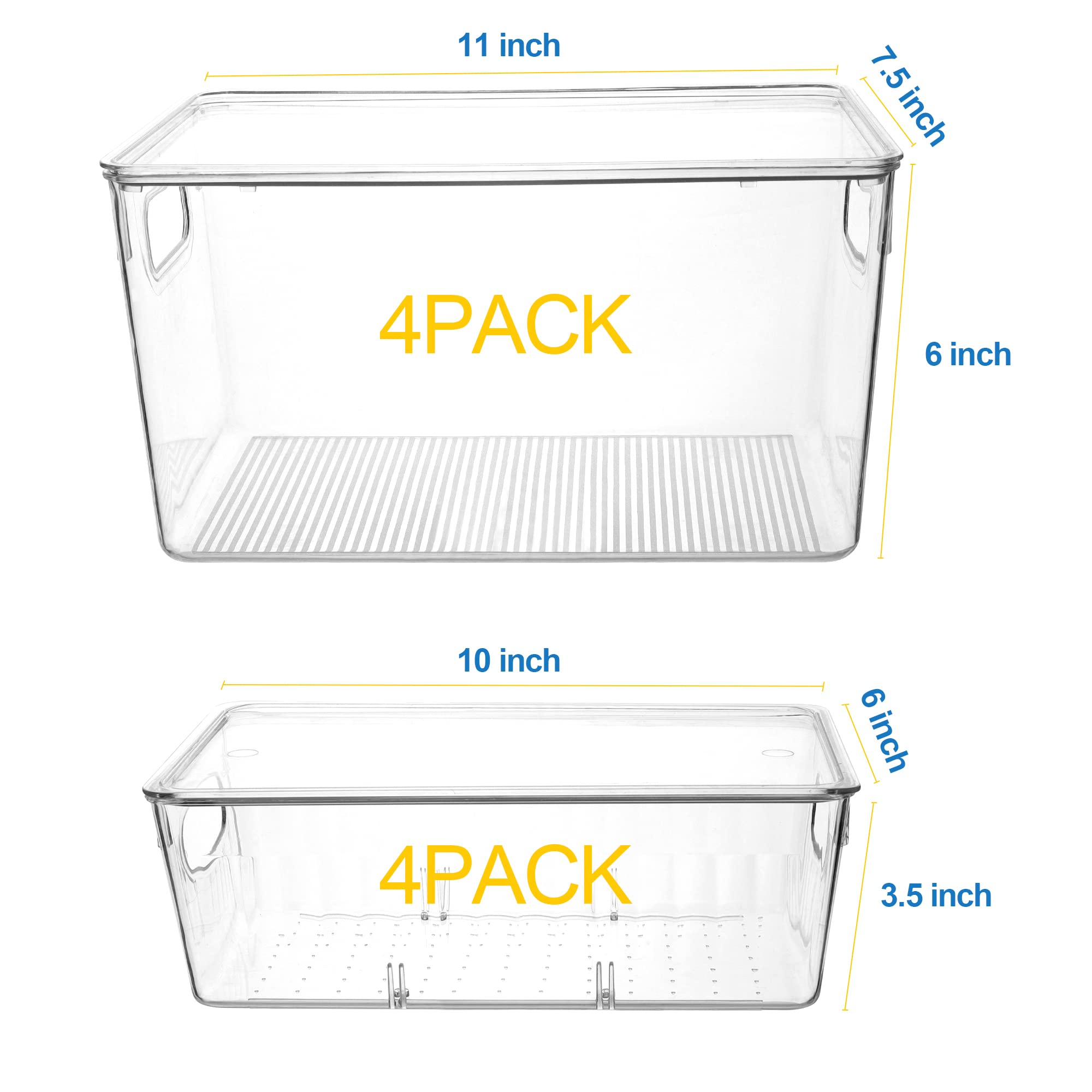 8pcs Refrigerator Organizer Bins with Lids - Clear Plastic Storage Bins, Stackable Food Fridge Organizers with Cutout Handles, Fruit Vegetable Storage Containers for Kitchen Pantry Organization