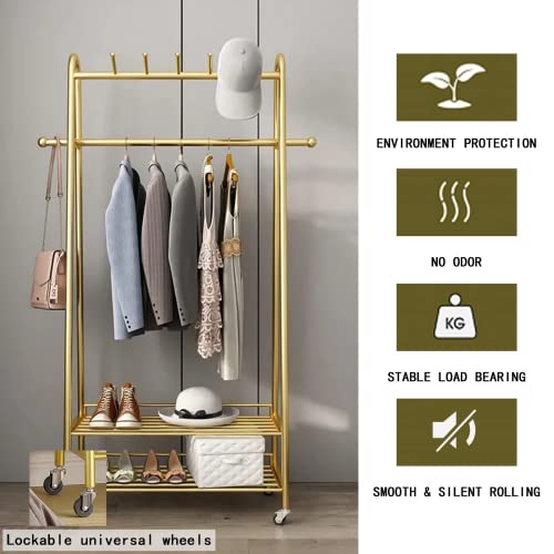 BOTAOYIYI Clothes Rack Gold, Freestanding Coat Rack Modern Rolling Garment Rack with Wheels and Bottom Shelves, Industrial Heavy Duty Pipe Clothing Rack Wardrobe Closet for Boutique Display (39.4")
