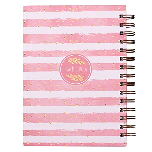 Christian Art Gifts Journal w/Scripture Fearfully and Wonderfully Made Psalm 139:14 Bible Verse Pink Stripe 192 Ruled Pages, Large Hardcover Notebook, Wire Bound