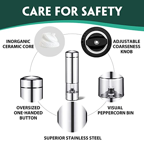 Electric Salt and Pepper Grinder Set - Kitexpert Battery Operated Pepper Mill with Light - One Handed Operation with Large Button - Up to 5 Adjustable Grinding Levels