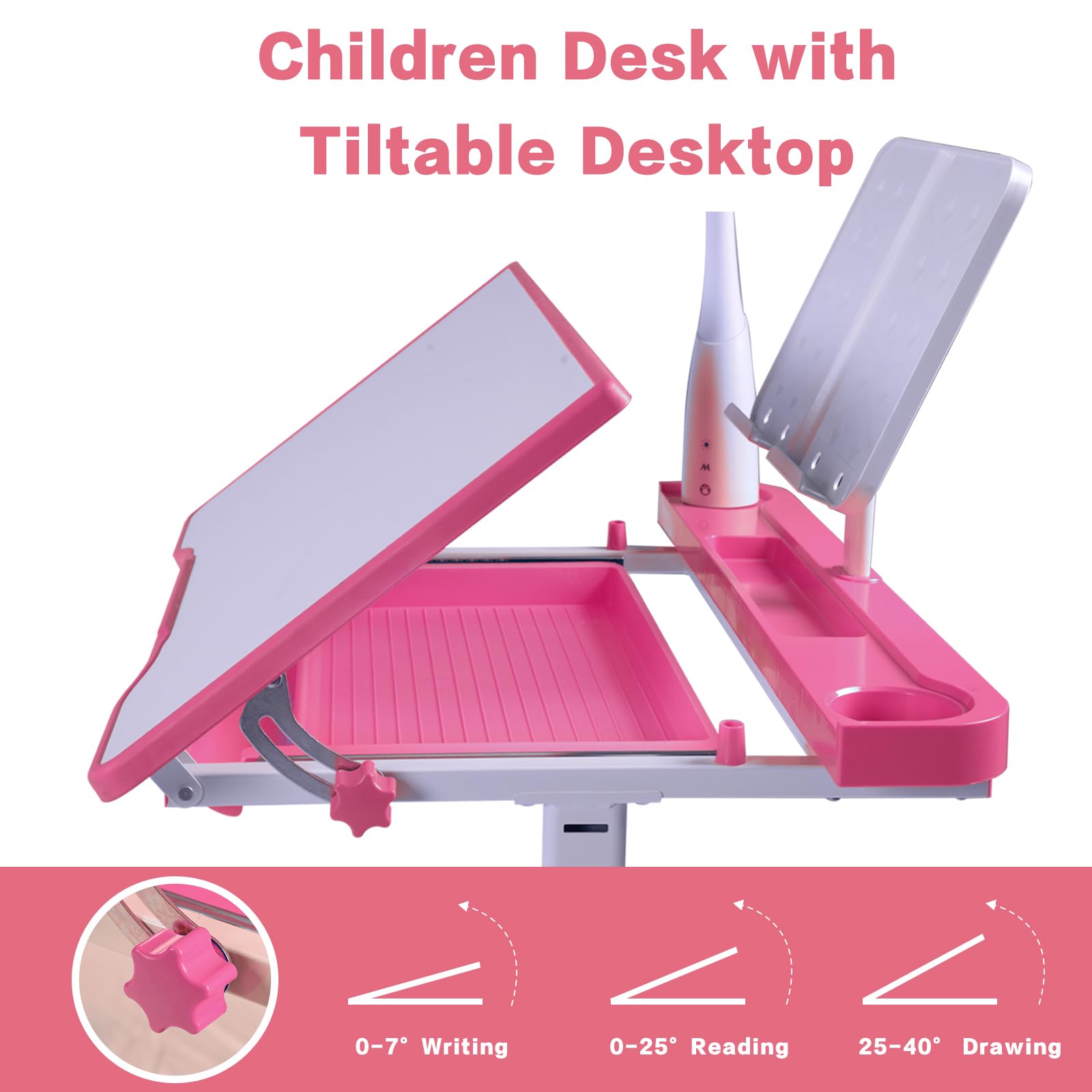 Napfox Desk for Kids Desk and Chair Set Kids Art Desk Drafting Table Desk Set with Adjustable Height, 40-Degree Tiltable Children Desktop, LED Light,Bookstand,Pink