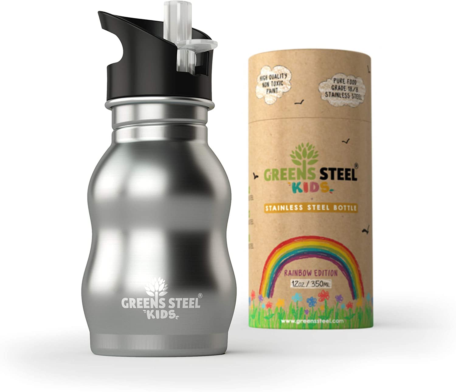 Kids Water Bottle with Straw & Handle, 12 oz Silver- Eco Friendly Toddler Cups with Straws - Easy Sip Metal Water Bottle for Kids - Cute Stainless Steel Water Bottles for Children - Leak Proof Lid