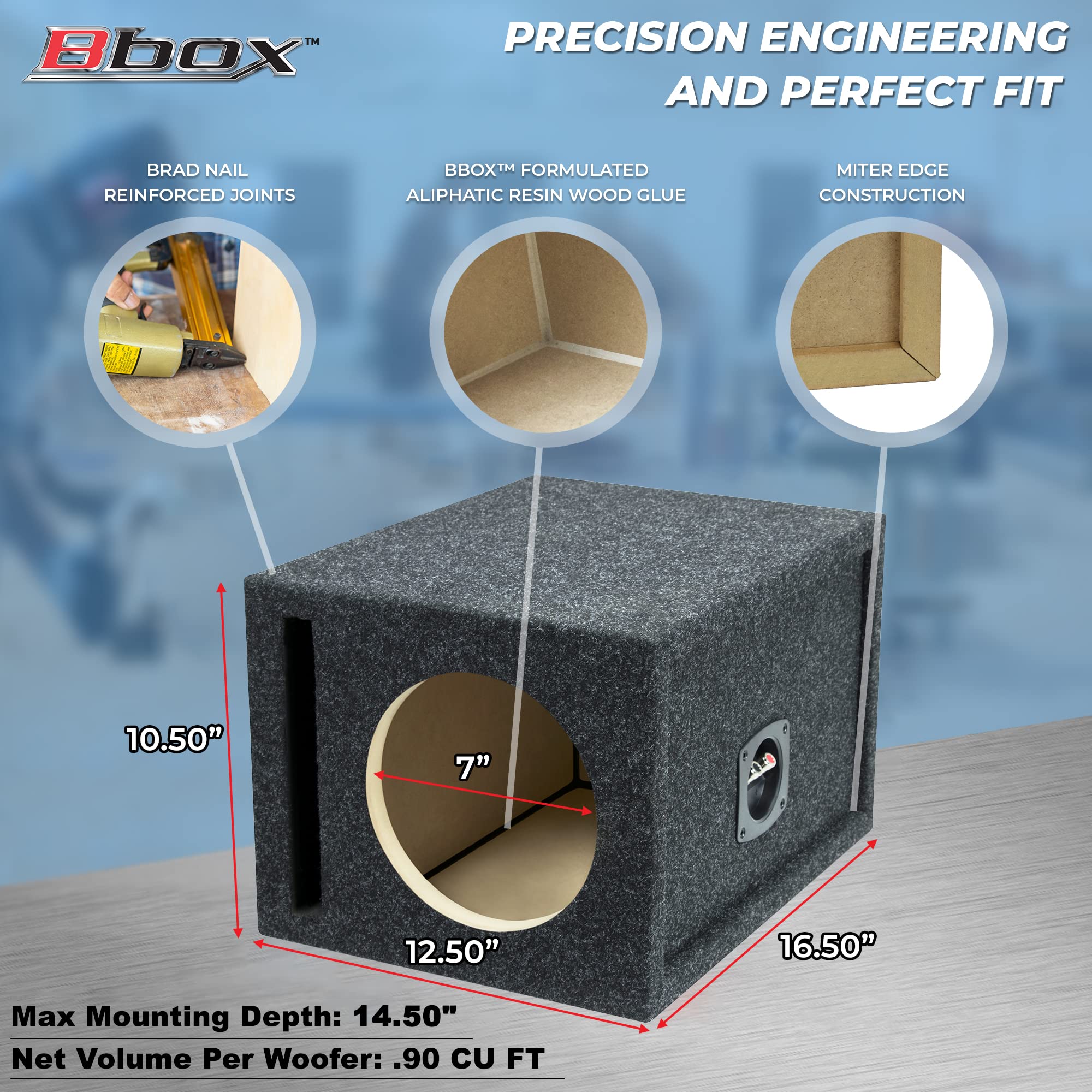 Bbox Single Hatchback Sealed 8 Inch Subwoofer Enclosure - Car Subwoofer Boxes & Enclosures - Premium Subwoofer Box Improves Audio Quality, Sound & Bass - Nickel Finish Subwoofer Terminal - Black