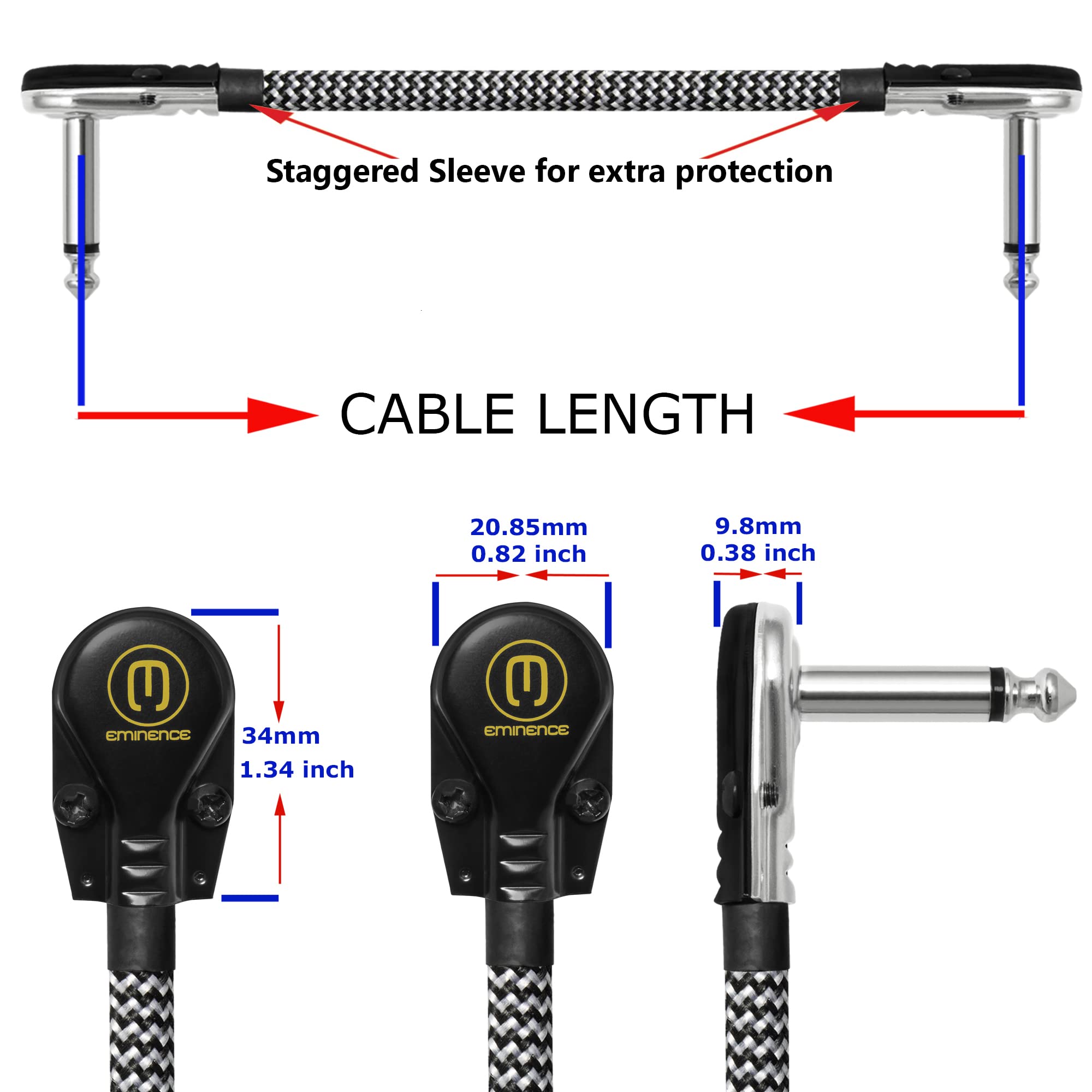 6 Units - 12 Inch - Audioblast HQ-1-BRAID(Black + White) - Flexible - Dual Shielded (100%) - Instrument Effects Pedal Patch Cable w/ ¼ inch (6.35mm) Low-Profile, R/A Pancake TS Plugs & Protective Boot