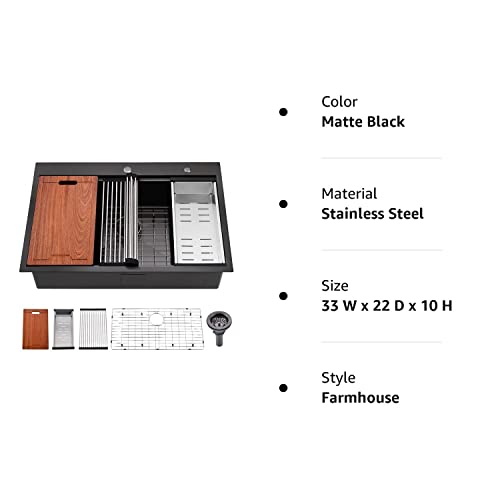 33 Inch Black Drop In Kitchen Sink Workstation-Bokaiya 33x22 Drop In Workstation Kitchen Sink 16 Gauge Stainless SteelSingle Bowl Kitchen Sink with Cutting Board