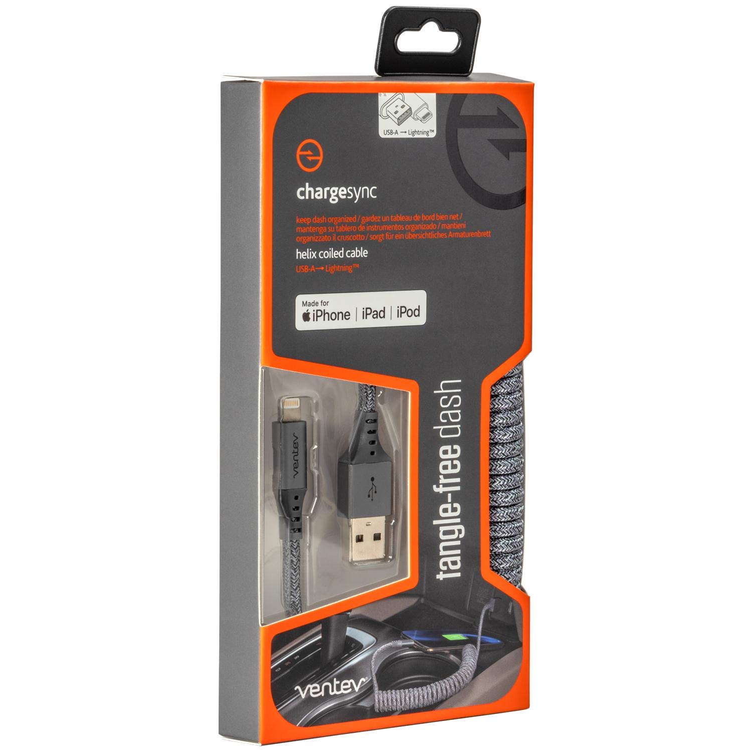 Ventev Helix 14 in Expandable iPhone Cable | Fast Charging USB-A to Lightning Cable | Coiled MFi Certified iPhone Charger Cord | No Tangle Cord, Conveniently Crafted for The Car iPhone, Gray