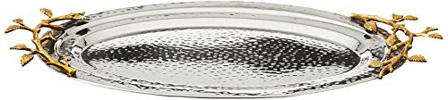 Elegance Golden Vine Hammered Stainless Steel Oval Tray, 16.5 by 10-Inch, Silver/Gold