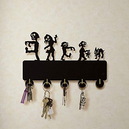 Zombies Attack Key Hook for Wall,Black Wooden Cat Key Holder with 5 Metal, Install by Strong Adhesive Sticker or Nail,Wall Décor for Entryway,Gift.(A1)