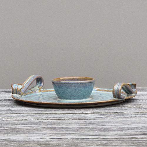 Castle Arch Pottery Handmade Party Platter with Dip Bowl. 9” Diameter Serving Plate with Celtic Spiral Logo. Original Irish Design Hand-Glazed for Durability and Quality of Finish (Green)