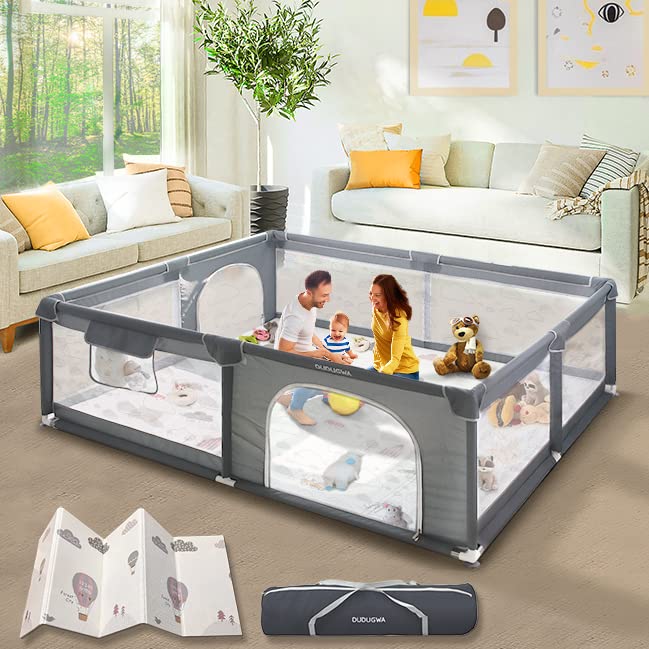 DUDUGWA Baby Playpen, Baby Playard, Large Playpen for Babies and Toddlers with Soft Visiable Mesh, Indoor & Outdoor Kids Activity Play Center with Anti-Slip Suckers and Zipper Gate, Grey, 78.7×71×26in