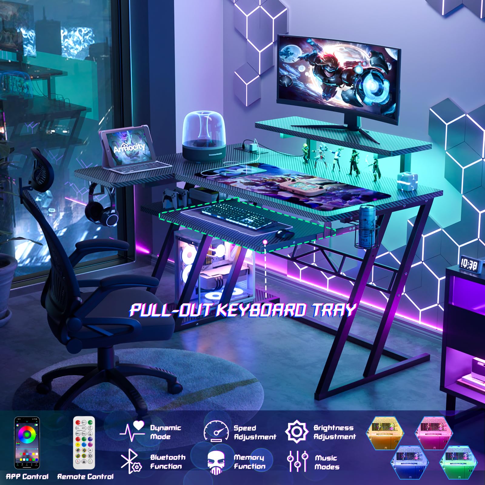 armocity Pink Gaming Desk with Power Outlets and LED Lights, Reversible L Shaped Gaming Desk with Shelves, 47"