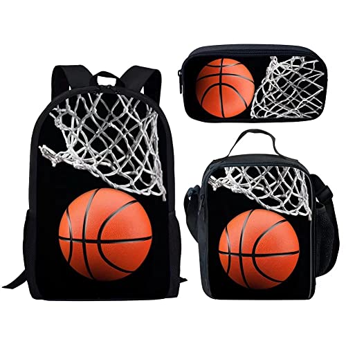 AmzPrint 3 In 1 Basketball Backpack Set For Boys Elementary School 17 Inch Black Student Backpack Lunch Box And Pencil Bag Set