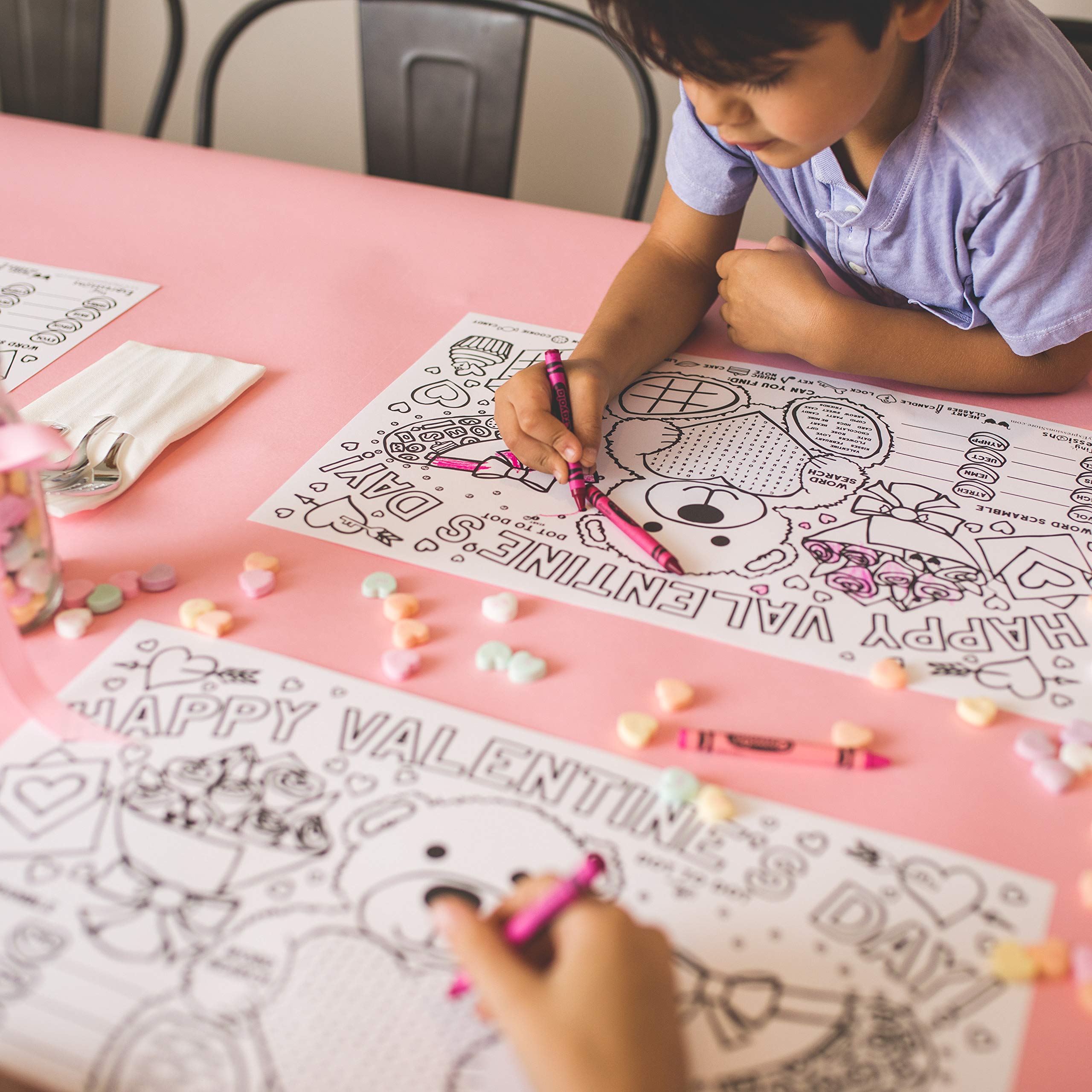 Tiny Expressions - Valentine's Day Coloring Placemats for Kids – Pack of 12 Disposable Paper Mats for Kids Table at Valentines Party, Includes Activities & Games for Kids