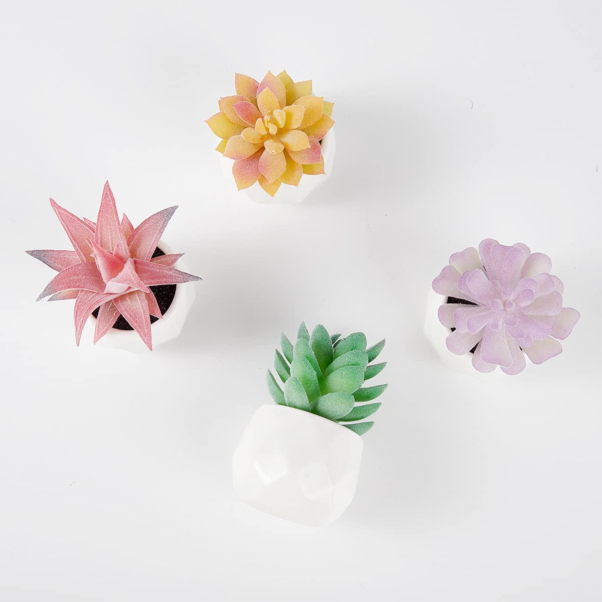 Set of 4 Mini Artificial Succulent Plants with White Geometric Ceramic Planters Faux Succulent for Bedroom Bathroom Bookshelf Office,Wedding Home Garden Decor(red/Green/Orange Yellow/Purple)