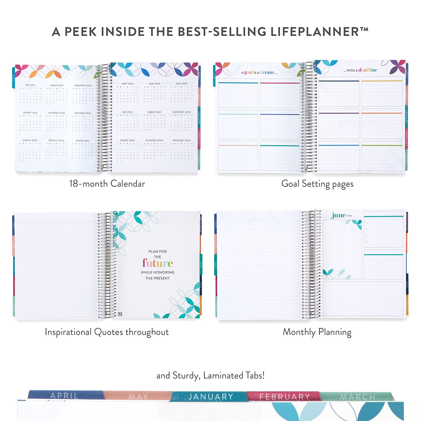 8.5” x 11” 12 Month Spiral Bound Life Planner ( Jan 2022 – Dec 2022 ) – Green Wedding Shoes Peonies Cover + Mid Century Circles Interior Pages. Horizontal Weekly and Monthly Agenda by Erin Condren.