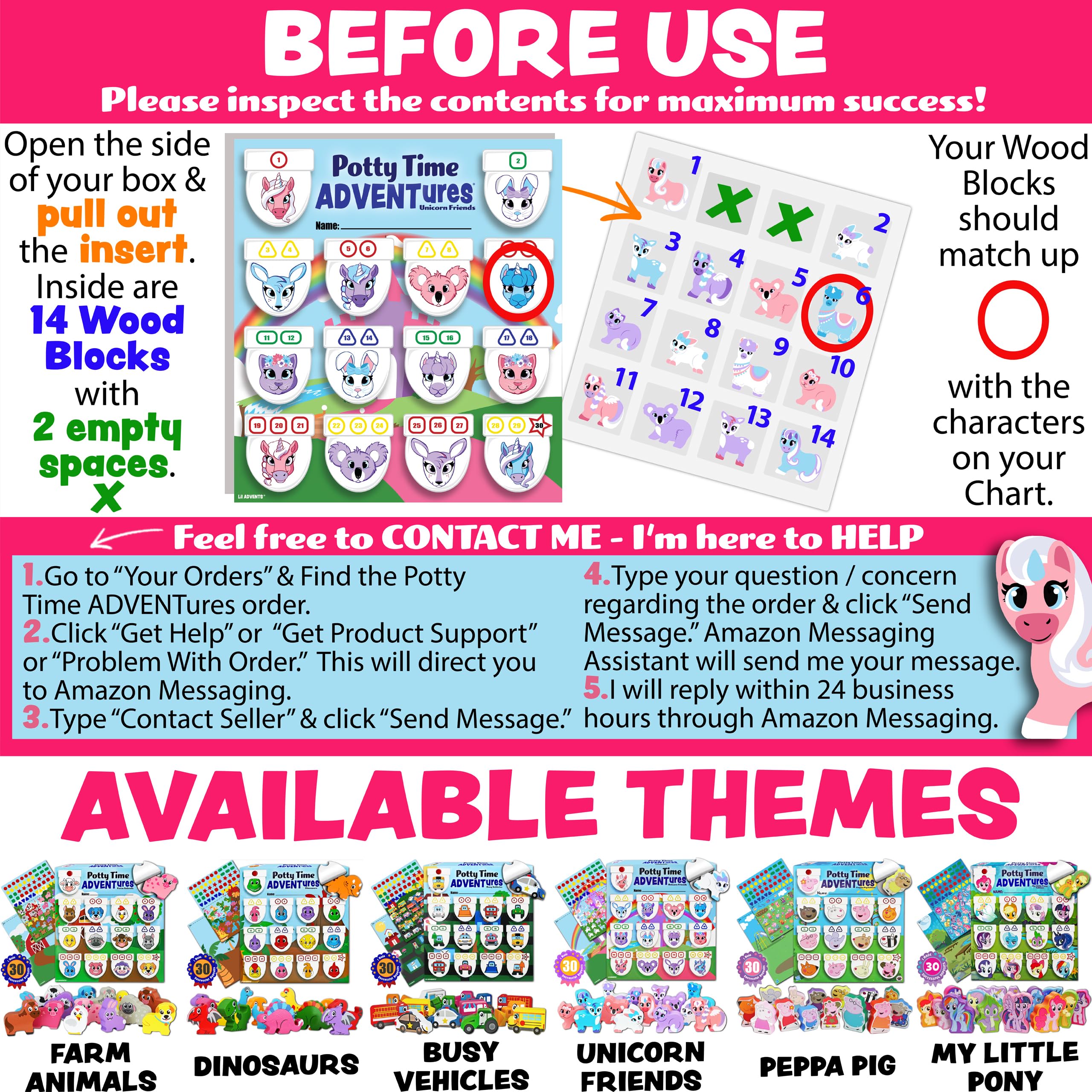 Potty Time Adventures Toddler Potty Training Chart by Lil ADVENTS - 14 Wooden Stacking Blocks / Prizes, Potty Training Advent Game - Behavior Reward Chart, Stickers & Activity Board - Unicorn Friends