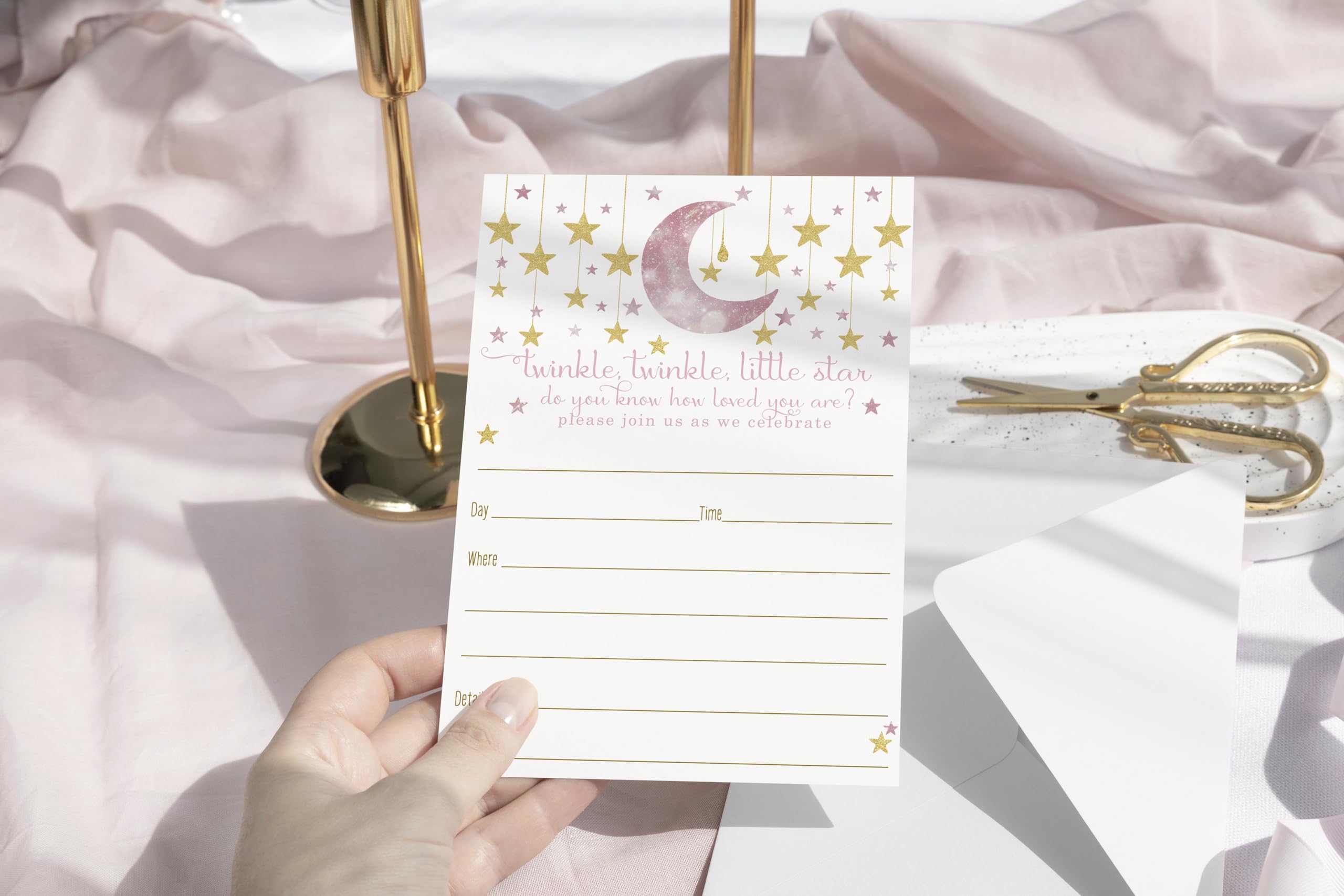 Twinkle Little Star Baby Shower Invitation Bundle Set Includes Blank Girls Invites with Envelopes Diaper Raffle Tickets Bring a Book Insert Cards (25 of Each) Celestial Themed Party Supplies