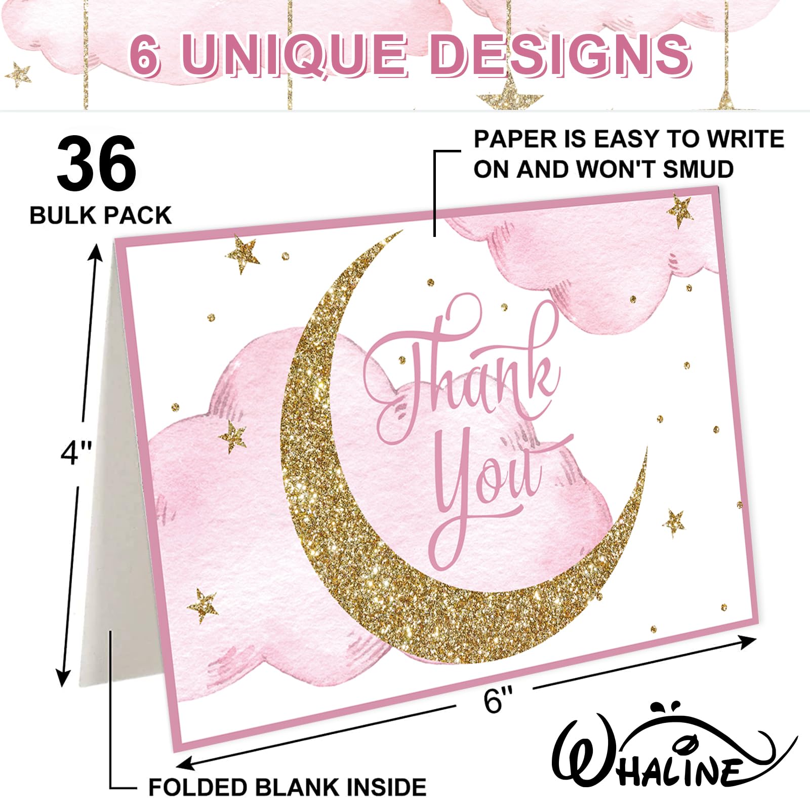 Whaline 36 Pack Pink Baby Shower Thank You Cards with Envelopes Matching Seal Stickers Glitter Starry Twinkle Moon Blank Note Cards for Birthday Supplies