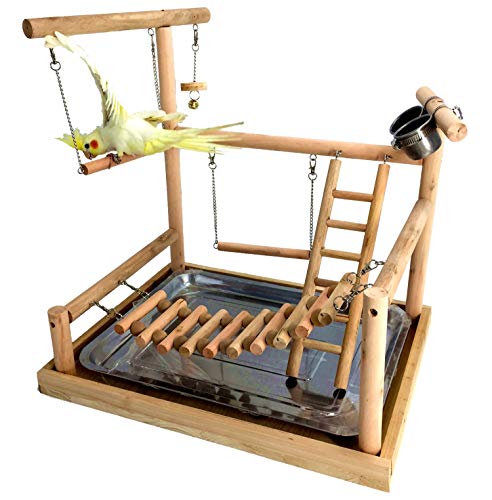 Mrli Pet Large Parrots Playstand Bird Playground Wood Perch Gym Stand Playpen Bird Ladders Exercise Playgym with Feeder Cups for Electus Cockatoo Parakeet Conure Cockatiel Exercise Toy