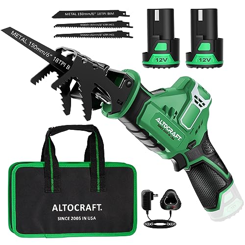 ALTOCRAFT 12V Cordless Reciprocating Saw with 2 Batteries,Portable Small Power Cutter w/Clamping Jaw,Variable Speed,Tool-Free Blade Change,3 Saw Blades for Wood/Metal/PVC Cutting
