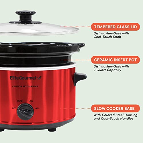 Elite Gourmet MST-275XR Electric Oval Slow Cooker, Adjustable Temp, Entrees, Sauces, Stews & Dips, Dishwasher Safe Glass Lid & Crock (2 Quart, Metallic Red)