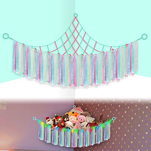 DVUBMO Stuffed Animal Net or Hammock with LED Light, Hanging Corner Net for Stuffed Animals Storage, Stuffed Animal Hammock Holder with Tassels for Nursery Play Room Kids Bedroom (Green+Pink)