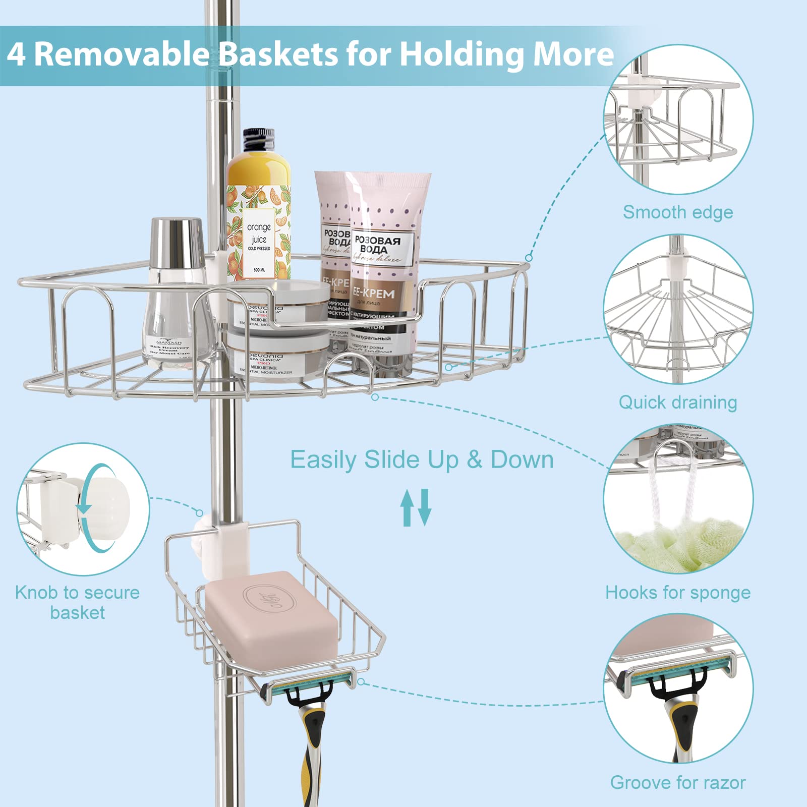 Tension Shower Caddy , Stainless Steel Corner Shower Caddy Stand Storage Organizer with Rustproof Tension Pole for Bathroom Bathtub Shampoo Soap Plants, 4 Tier Adjustable Shelves, 54 to 125 Inch