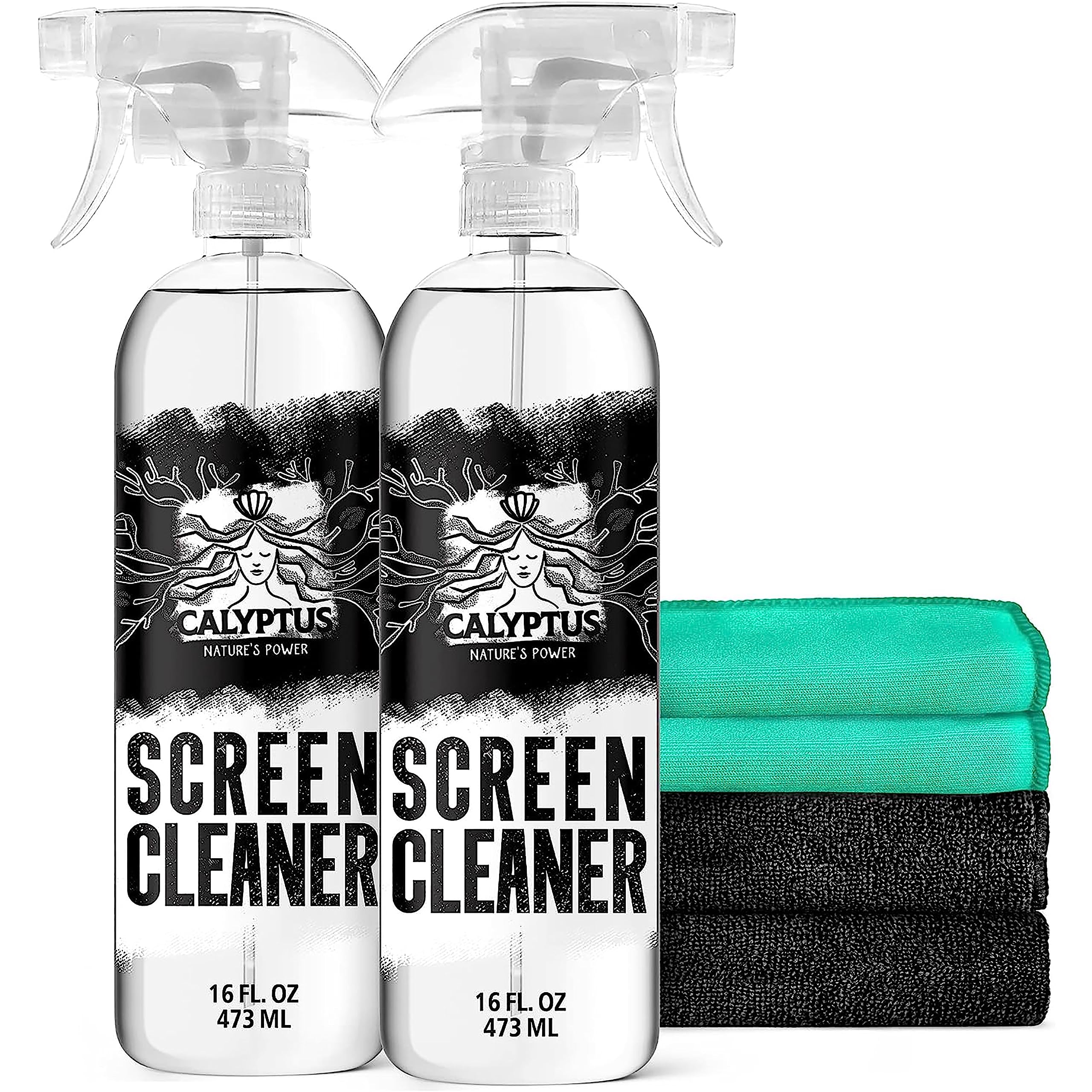 Calyptus Screen Cleaner Spray Kit | (2X) 16oz Sprayer Bottle + (4X) XL Microfiber Cleaning Cloth | Alcohol Free | Phone, Laptop, TV Screen, iPad, iPhone, MacBook Pro, Computer Monitor, Car Screen