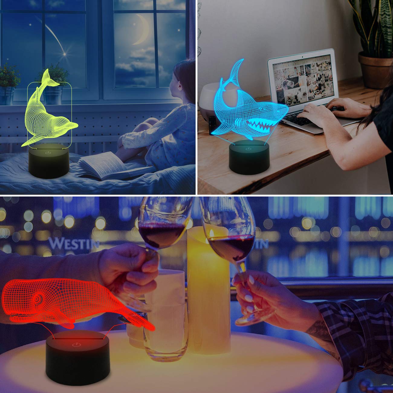 FULLOSUN Shark Gifts, 3D Shark Night Light for Kids (4 Patterns) with Remote Control 16 Colors Changing Dimmable Function, Xmas Birthday Gifts for Kids Child (Shark, Whale, Turtle, Dolphin)