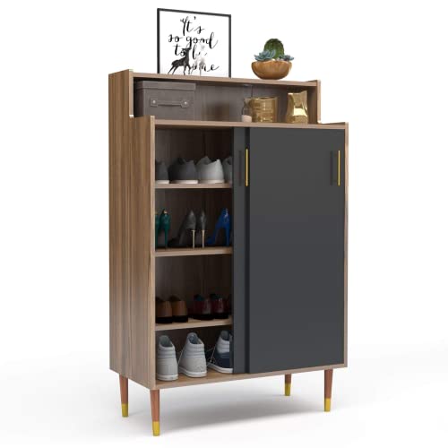 Alohappy Shoe Cabinet, 4-Tier Shoe Rack Storage Organizer with Sliding Doors & Wood Legs, Modern Shoe Storage Cabinet with Opening Shelf for Hallway Entryway Living Room Bathroom (Walnut& Black)