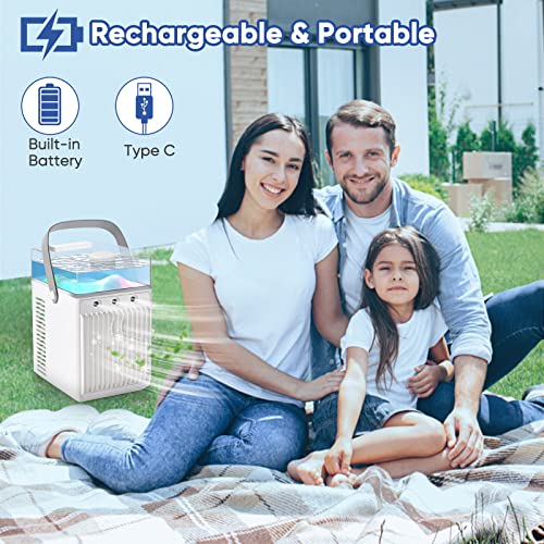 ELLASSAY Mini Air Conditioner, 4 IN 1 Portable Air Cooler, 3 Speeds Evaporative Air Cooler, Desk Air Conditioner Room Car Office Camping 2000mAh Battery Powered & Type-C Rechargeable Grey/White