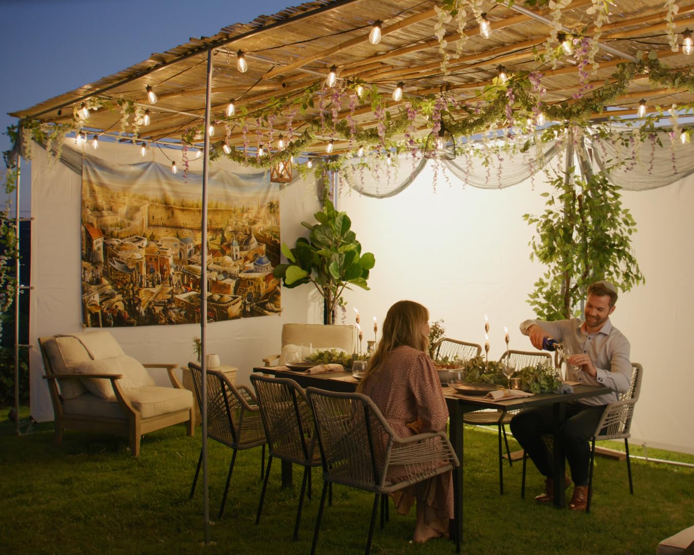 The Sieger Open Air Sukkah - Full Mesh Walls to Keep You Cool - Complete Kit Including frame walls Bamboo Mats & Support Poles - Easy to Assemble - No Tools Required (6x8)