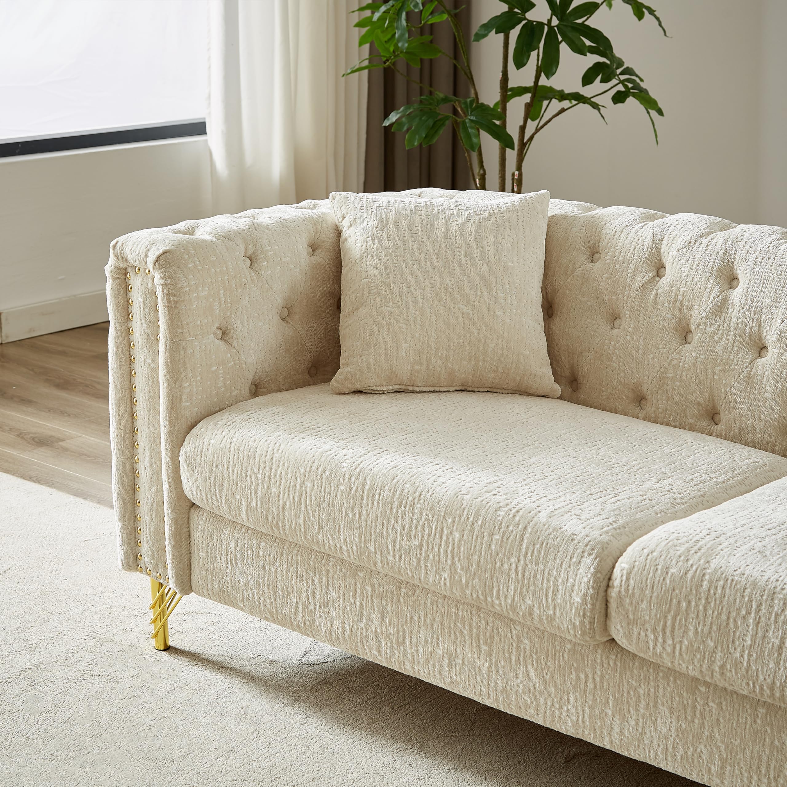 82 Inch Modern Living Room Chenille Sofa,Extra Deep Seats Sofa With Copper Nail Decoration Armrest,Chenille Pull Buckle Design Sofa,Comfy Loveseat Sofa with Metal Legs, Easy to Install(Beige)