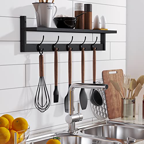 BAMEOS Wall Hooks with Shelf 28.9 Inch Length Entryway Wall Hanging Shelf Wood Coat Hooks for Wall with Shelf Wall-Mounted Coat Hook Rack with 5 Dual Hooks for Bathroom, Living Room, Bedroom (Black)