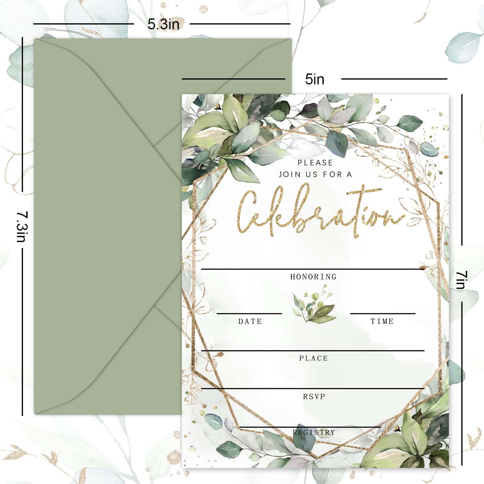 Whaline 25 Sets Greenery Invitations with Envelopes Stickers Watercolor Eucalyptus Leaves Invitation Cards Green Leaves Blank Invites for Wedding Bridal Baby Shower Birthday, 5 x 7 Inch