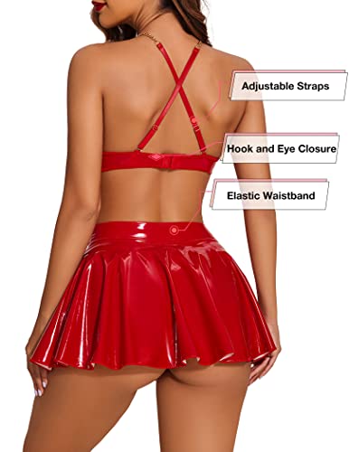 Avidlove Cosplay Lingerie for Women Sexy Bunny Costume Latex 4pack Ring Chain Linked Cut-out Halloween Outfit Set(Red,XL)