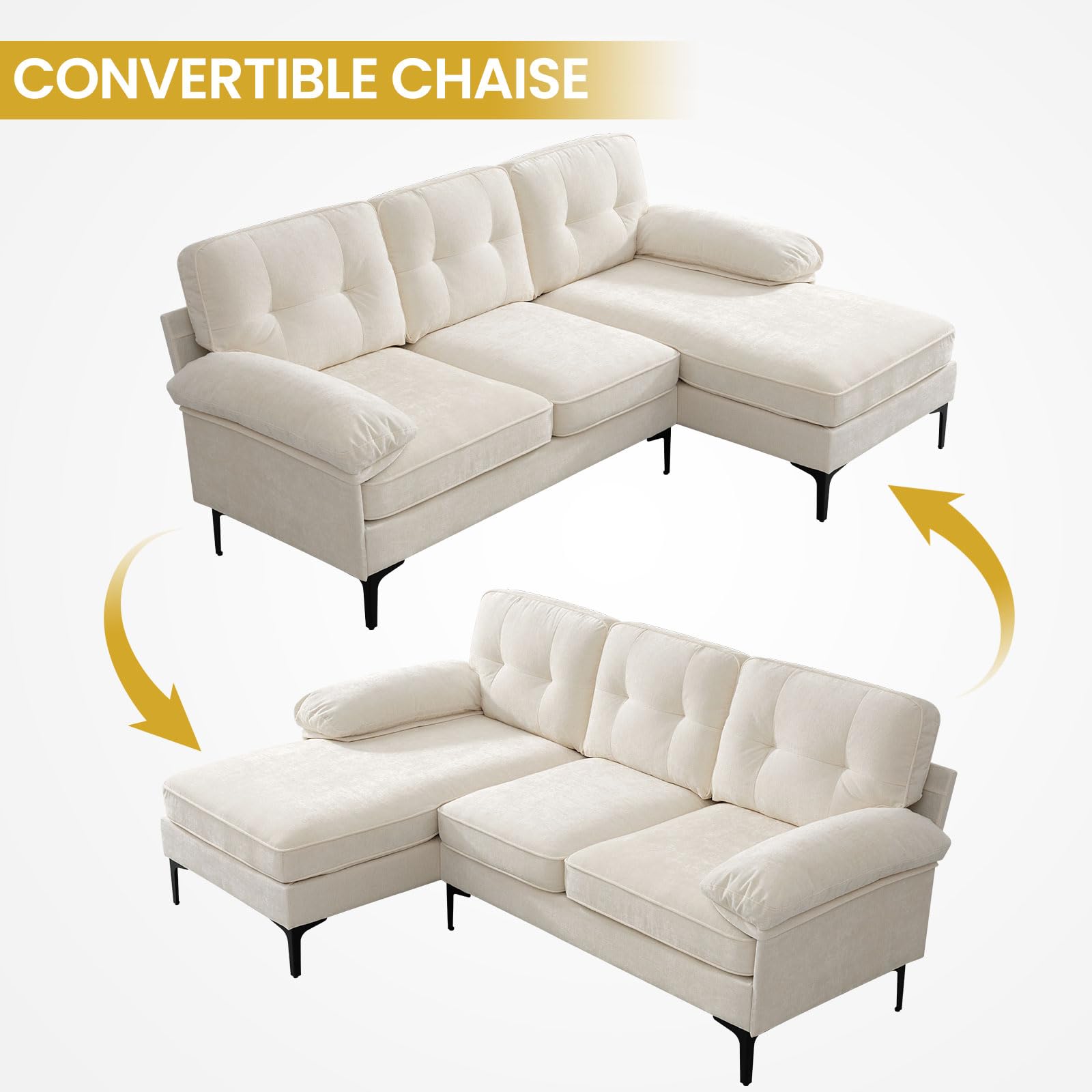 82" White Sectional Couch w/Chaise, Chenille Cream Convertible L Shaped Sofa Couch, Mid-Modern Century 3 seat Pet-Friendly Couch for Living Room, Apartment, Office with Removable & Washable Cushions