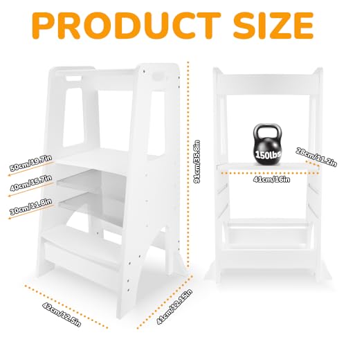 ZZBIQS Wooden Kitchen Toddler Step Stool Helper, Height Adjustable Learning Toddler Tower with Safety HandRail, Standing Tower Daycare Furniture for Kids (White)