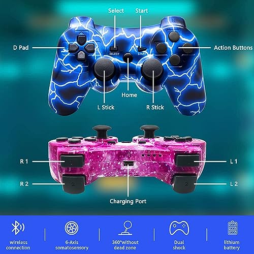 Bowei PS3 Controller Wireless 2 Pack Double Shock Gamepad for Playstation 3 Remotes, Six-Axis Wireless PS3 Controller with Charging Cable, Blue+ Purple