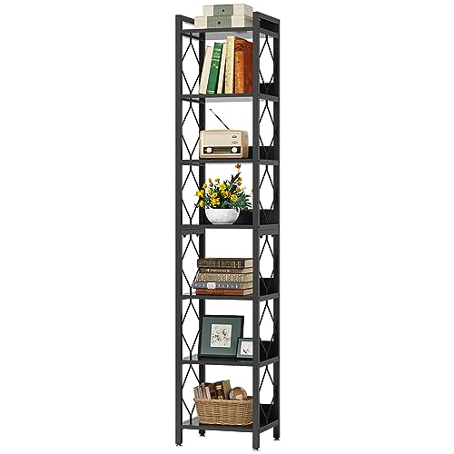 LITTLE TREE 7-Tier Narrow Bookshelf, 78.7-Inch Extra Tall Skinny Bookcase for Small Spaces, Freestanding Display Shelves, Multifunctional Corner Storage Organizer Unit for Home Office, Black