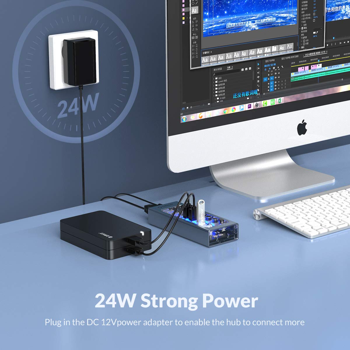 ORICO USB Hub 3.0 Powered 7 Ports USB Data Hub with 12V2A Power Adapter, Individual Power Switches, and LEDs, USB Extension for iMac Pro, MacBook Air/Mini, PS4, Surface Pro, Notebook PC, Laptop, HDD