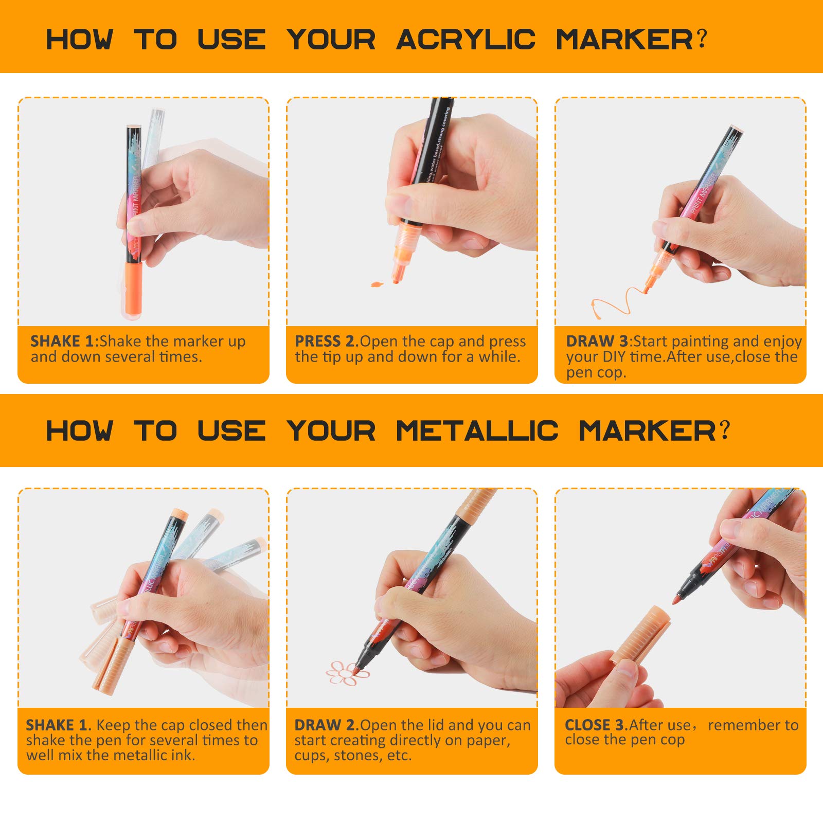 36 Acrylic Paint Marker Pens Set-For Rocks Painting, Ceramic, Glass, Wood, Fabric, Canvas, Mugs, DIY Craft Making Supplies, Card Making.Water Based, Quick-Dry,Include 24 Basic &12 Metallic Colors