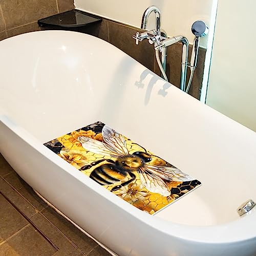 Bath Tub Shower Mat - Anti-Slip PVC Material 15.1x26.8 in, Gentle Cushioning Quick Drying Suction Cups Reliable Solution - Flowers and Lovely Bees Design Non-Slip Floor Mat