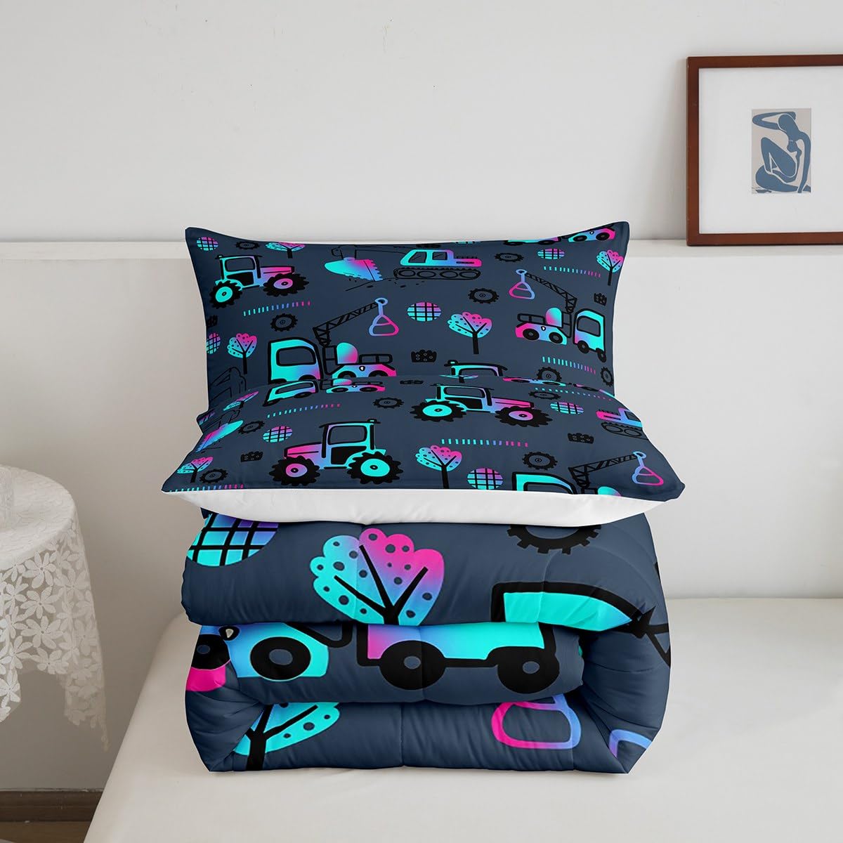 Feelyou Machinery Truck Bedding Set Twin Size Cartoon Vehicles Comforter Set for Boys Girls Teens Dark Grey Comforter Excavator Tractor Quilt Set 2Pcs
