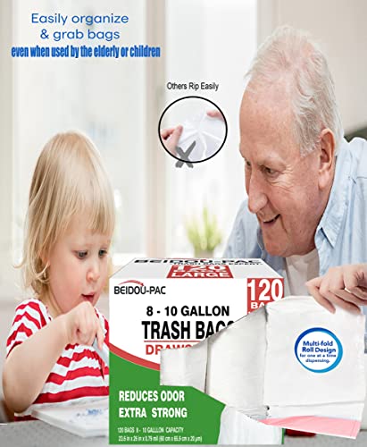 BEIDOU-PAC Trash Bags 8-10 Gallon Drawstring, 120 Count, Multifold Roll Garbage Bags, Large Kitchen Trash Bags, Odorless & Heavy Duty White Plastic Food Scrap Bags for Bathroom Bedroom Office Waste