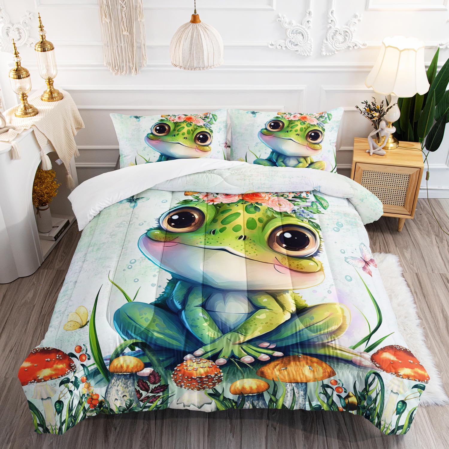 AILONEN Cute Frog Comforter Set Twin Size, Cartoon Mushroom Bedding Set for Boys Girls,Watercolor Amphibian Animal Theme Girls Kawaii Bed in a Bag 3 Pieces, 1 Quilt and 2 Pillowcases