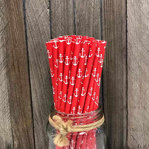 Anchor Nautical Themed Paper Straws - Red and White - 7.75 Inches - 100 Pack - Outside the Box Papers Brand