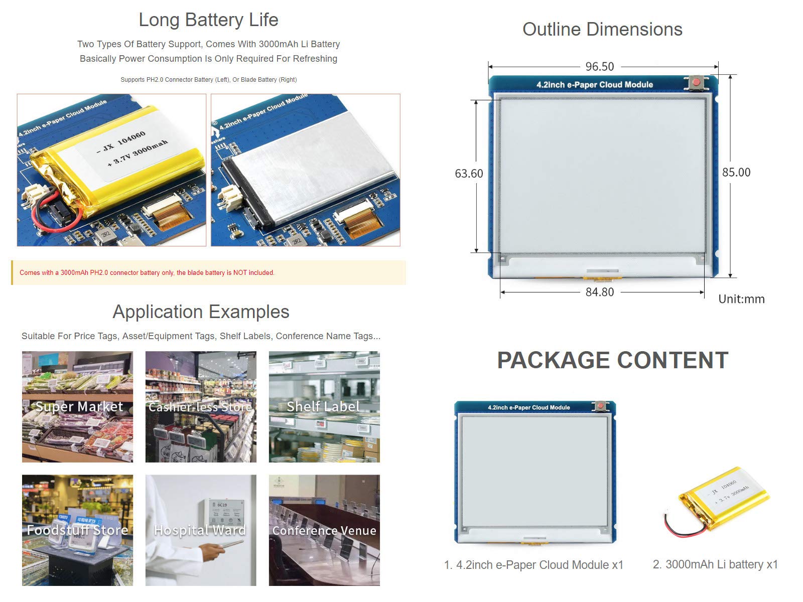 waveshare 4.2inch E-Paper Cloud Module 400ร300 Pixels with Low Power Consumption WiFi Connectivity Wide Viewing Angle