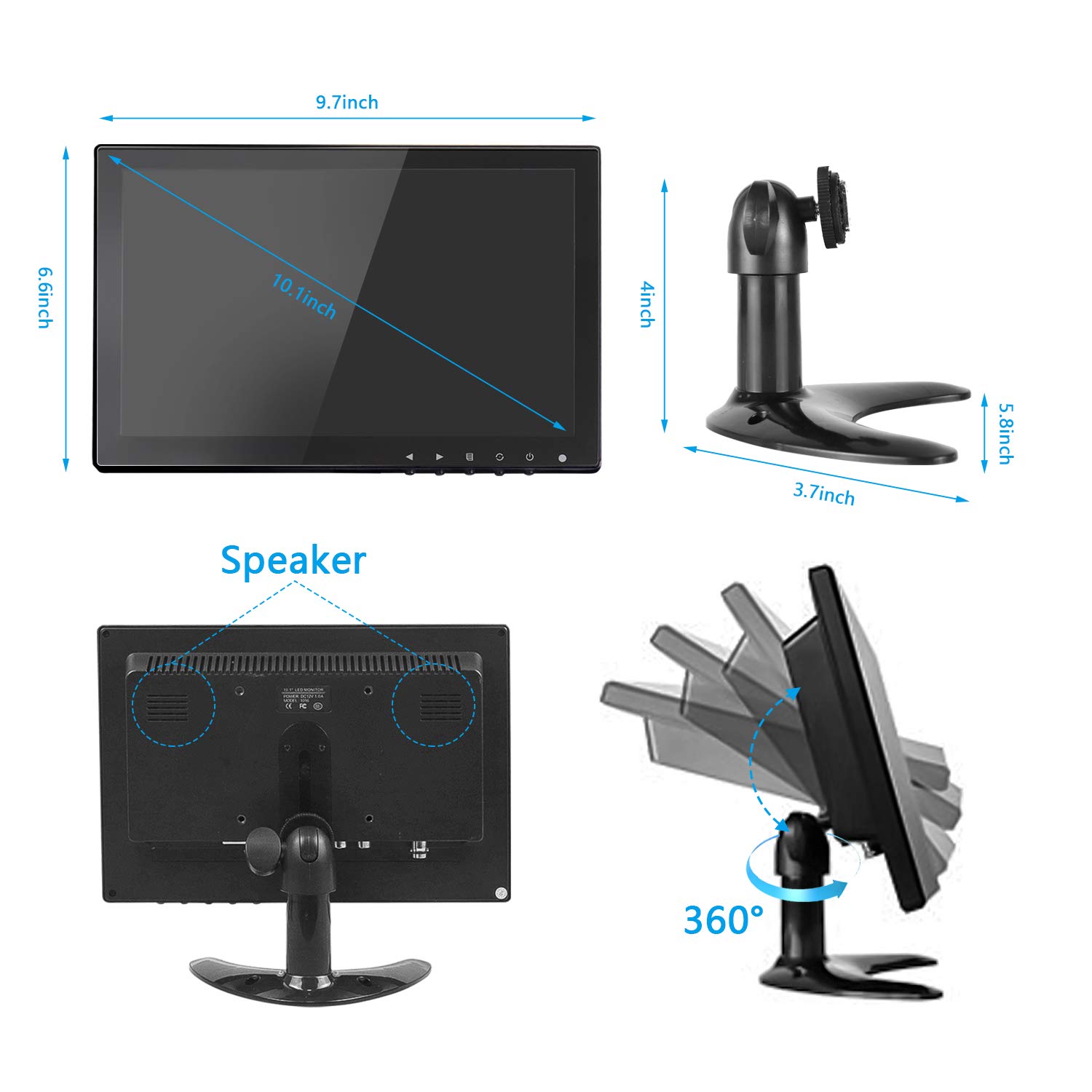 WHOLEV 10.1" LCD Rimless Monitor 1280x800 FHD Color Screen with AV VGA HDMI BNC USB Input Built-in Speaker 178° Wide Angle for Raspberry Pi Computer Display TV